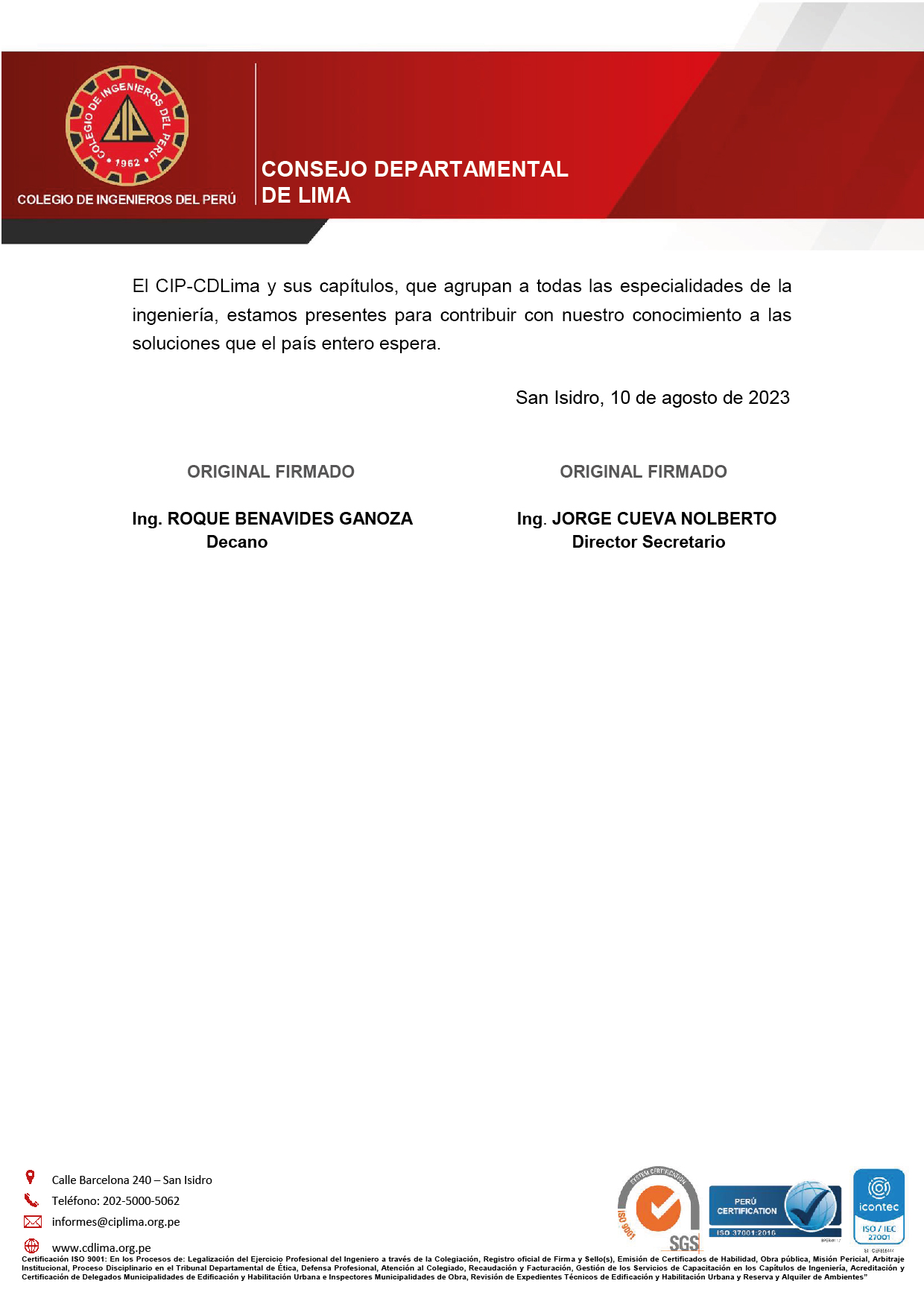 Pronunciamiento: CREACIÓN DE LA AUTORIDAD NACIONAL DE INFRAESTRUCTURA ...